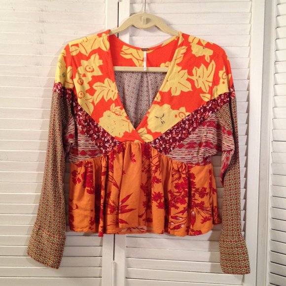 Free People | Tops | Free People M Colorful Patchwork Print Long Sleeve Cropped Peplum Ruffle ...